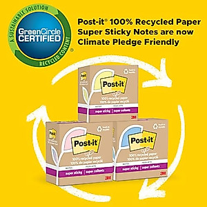 Post-it 100% Recycled Paper Super Sticky Notes, 2X The Sticking Power, 3x3 in, 5 Pads, 70 Sheets/Pad, Wanderlust Pastels Collection (654R-5SSNRP)