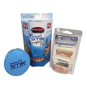 Instant Smile Comfort Fit Flex Teeth - Natural Shade Upper and Lower Kit with Vented Cleaning Case