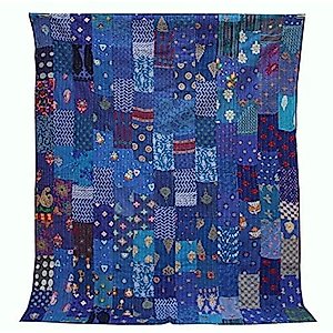 Khambadiya Vintage Blanket Hand Jari Handmade Quilt Embroidery Bedspread Coverlet King/Twin Size Kantha Patchwork Kantha Quilt Ethnic Home Decorative Indian Khambadiya Quilt (Blue, 50x70 Inches)