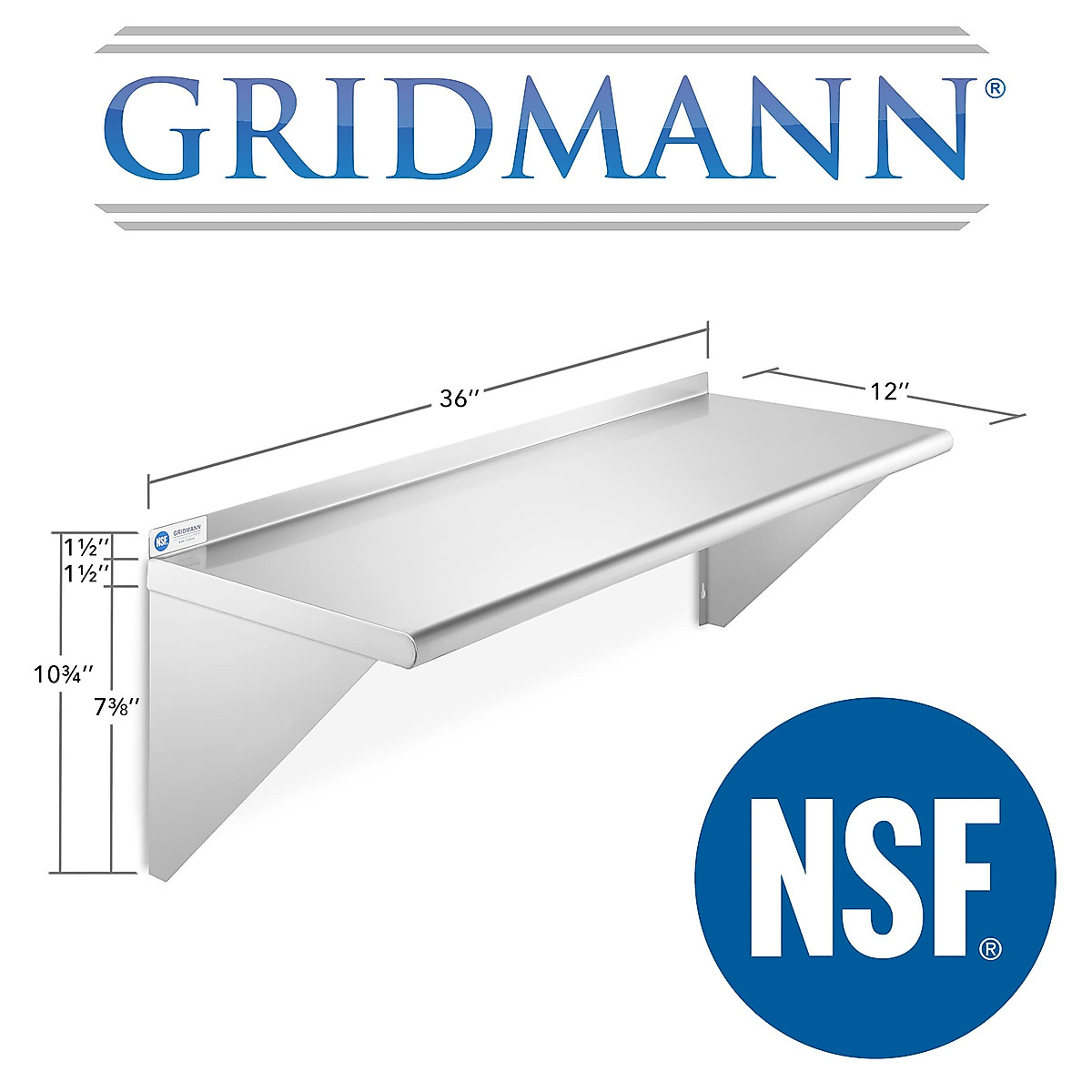 GRIDMANN 12" x 36" Stainless Steel Wall Mount Shelf with Backsplash, 16 Gauge, Commercial Grade - NSF Certified - Shelving for Restaurant, Kitchen, Utility Room, Garage