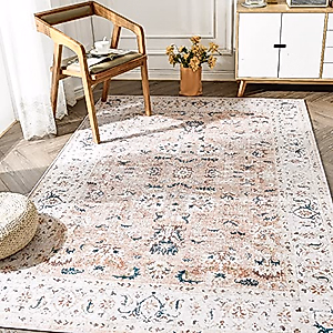 jinchan Area Rug 5x7 Persian Rug Vintage Floor Cover Foldable Thin Rug Indoor Retro Blush Pink Floral Print Distressed Carpet Non Slip Kitchen Living Room Bedroom Dining Room