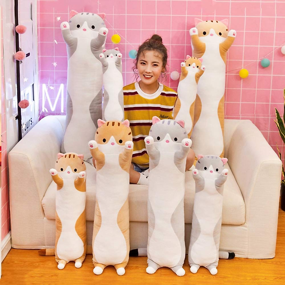 SNOWOLF Cute Cat Plush Long Body Pillow, 43 inch Cat Stuffed Animals Plushie Toy Soft Throw Sleeping Cotton Kitten Pillow Gift for Kids Girls (Gray, 43.3")
