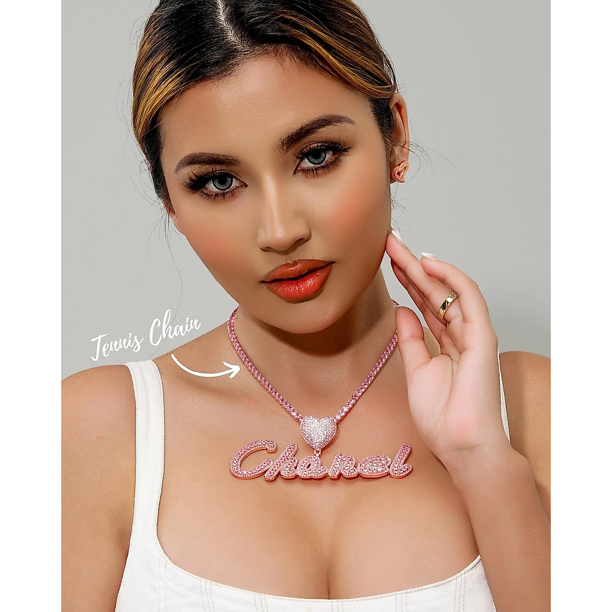 Iced Out Custom Name Necklace with Cuban Link Chain for Man Women, Hip Hop 14k Real Gold Plated Personalized Initial Letter Pendant Necklaces, Handmade Customized Nameplate Jewelry Gifts for Women Men (Heart Rose Gold/Pink)