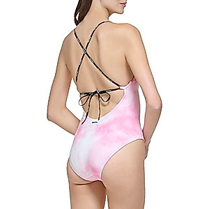 Calvin Klein Women's Standard Tie Back Logo Straps One Piece Swimsuit, PINK MULTI