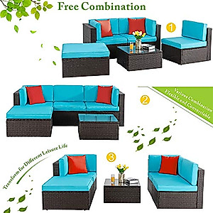 Vongrasig 5 Piece Patio Furniture Sets, All-Weather Brown PE Wicker Outdoor Couch Sectional Patio Set, Small Patio Conversation Set Garden Patio Sofa Set w/Ottoman, Glass Table, Blue