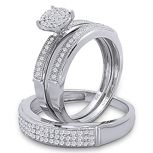 SAVEARTH DIAMONDS 0.50 Carat (ctw) Round Cut White Lab Created Moissanite Diamond Men's and Women's Engagement Ring Trio Bridal Set In 14K White Gold Over Sterling Silver Size: Women-8.5 & Men-7.5
