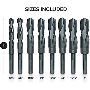 HILTEX 10005 Jumbo Silver & Deming Drill Bit Set, 8 Piece, 1/2" Inch Shank Industrial Large Drill Bit Set 9/16” Drill Bit to 1" Drill Bit, Metal Drill Bits for Steel, Reduced Shank Drill Press Bits