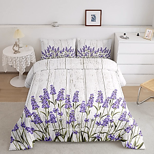 Homewish Lavender Comforter Set Queen Size Rustic Farmhouse Wooden Bedding Set 3pcs for Kids Teens Girls Adult Bedroom Decor Romantic Flowers Plants Quilt Set Vintage Boho Duvet Insert,2 Pillowcases