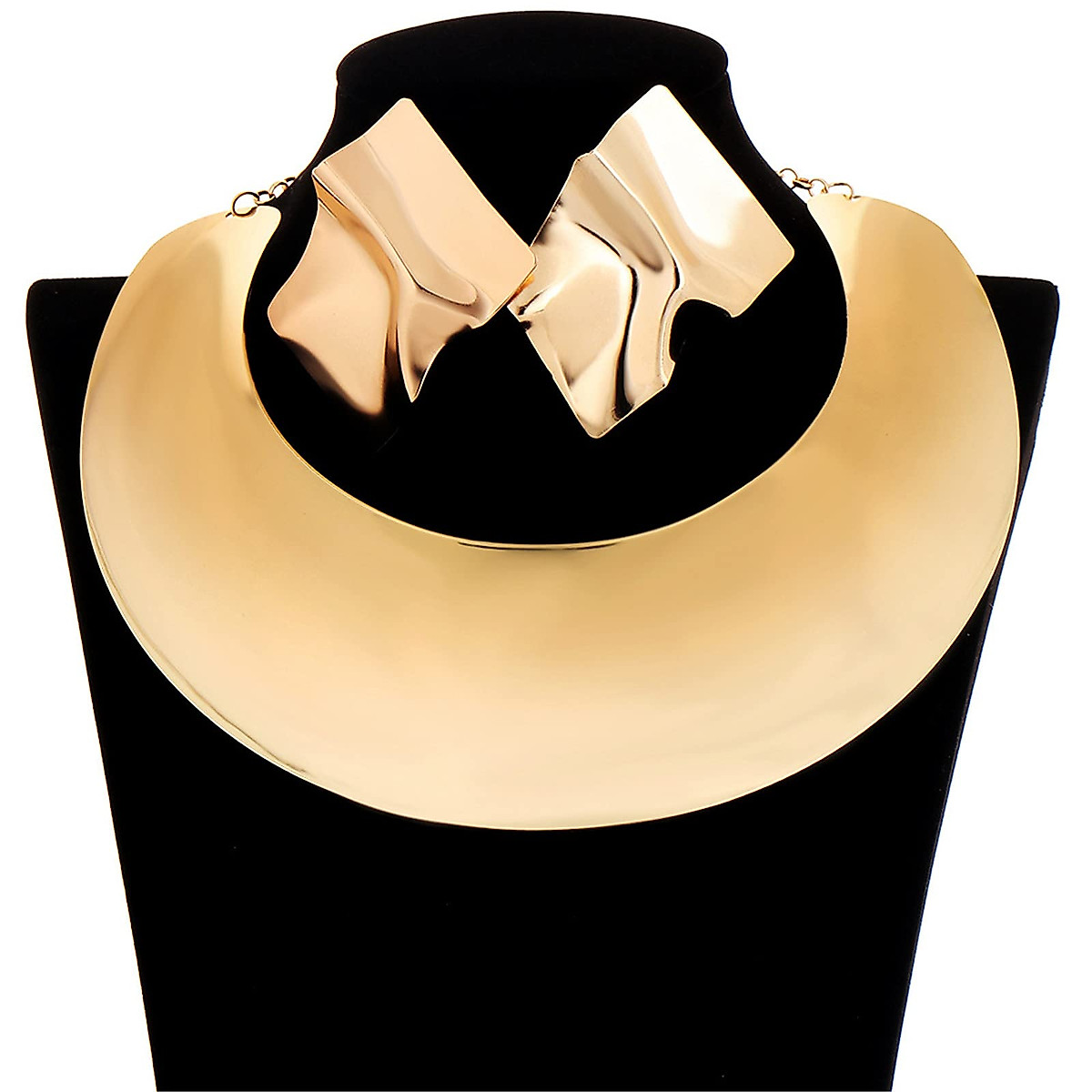 Punk Chunky African Choker Collar Necklace Drop Dangle Earrings Set 14K Gold Silver Plated Exaggerated Gothic Thick Statement Necklace for Women Hip Hop Jewelry Gift-A gold