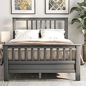 JULYFOX Grey Bed Frame Full 500lb Heavy Duty, Hard Wood Platform Bed with Headboard Slatted Footboard No Box Spring Needed(Full, Gray)