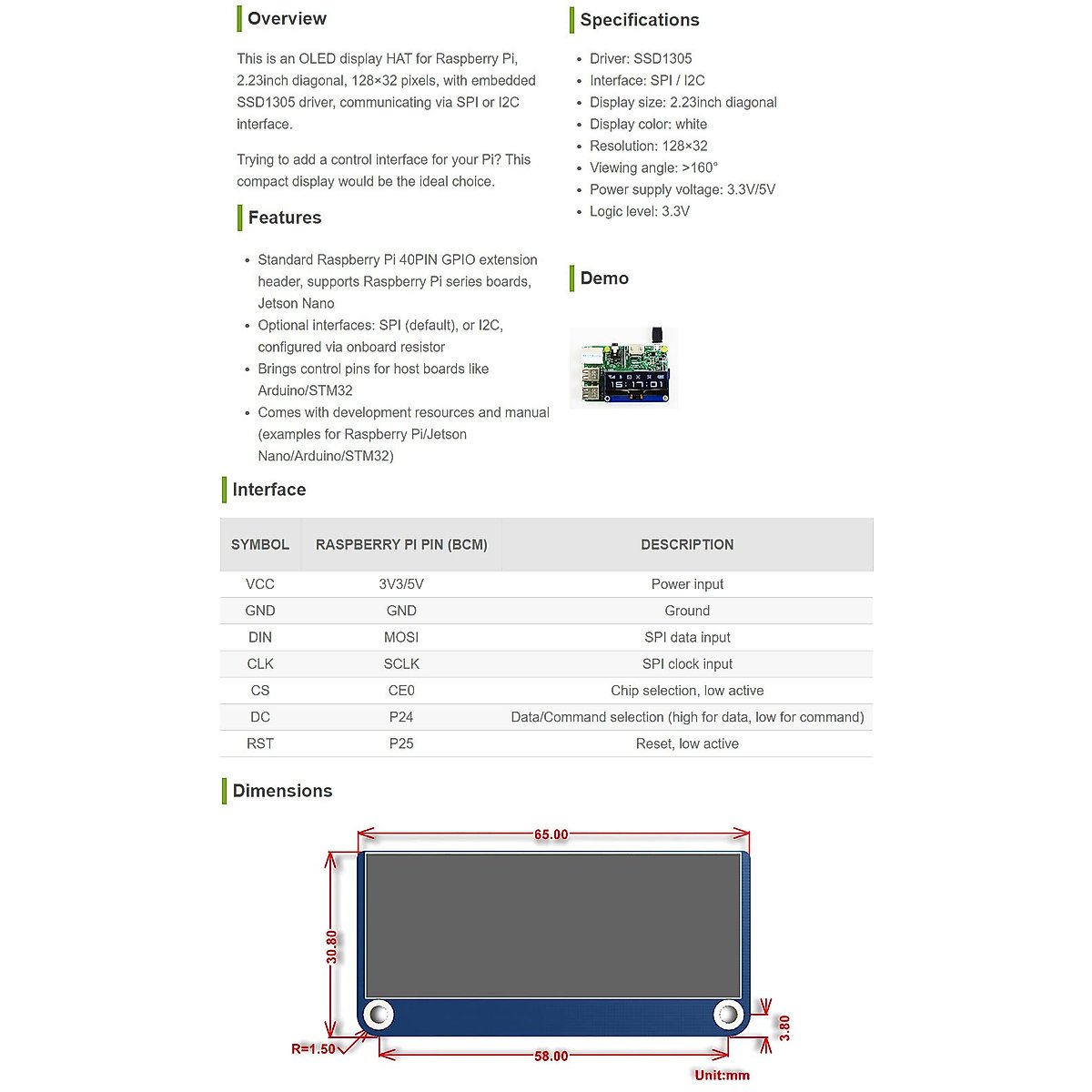 waveshare 2.23inch OLED Display HAT for Raspberry Pi 128×32 Pixels with Embedded 1305 Driver Communicating via SPI or I2C Interface.