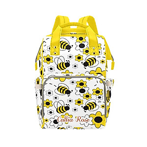 Grandkli Honey Bumble Bee Floral Personalized Diaper Bag Backpack with Name,Custom Tote Bag Travel DayPack for Nappy Mommy Baby Boy Girl, One Size