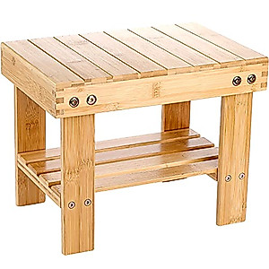 Lawei Bamboo Step Stool, Bamboo Foot Rest Stool Bamboo Shower Bench Stool with Storage Shelf for Kids Children Adult, Works in Bathroom Living Room Bedroom Garden