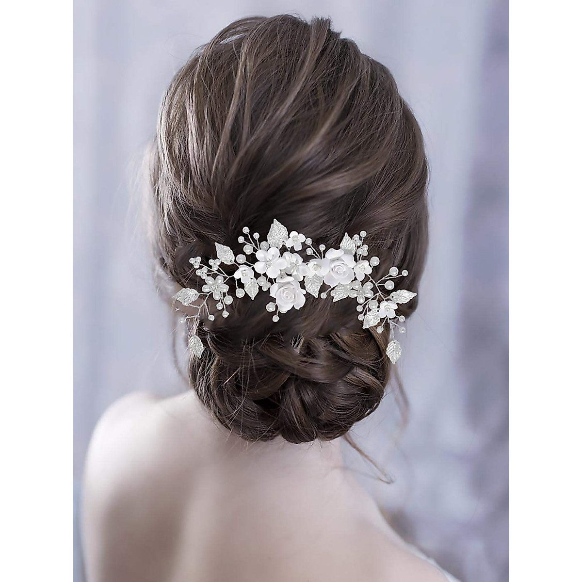 Unicra Flower Bride Wedding Hair Vine Pearl Bridal Hair Piece Leaf Hair Accessories Rhinestone Headband for Women and Girls (9inches) (Silver)