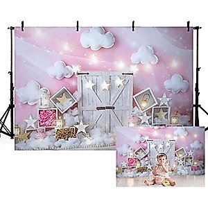 MEHOFOND Sweet Pink and White Cloud Photo Studio Backdrop Props Birthday Girl Baby Shower Party Decorations Twinkle Twinkle Little Stars Portrait Photography Background Banner for Cake Smash 7x5ft