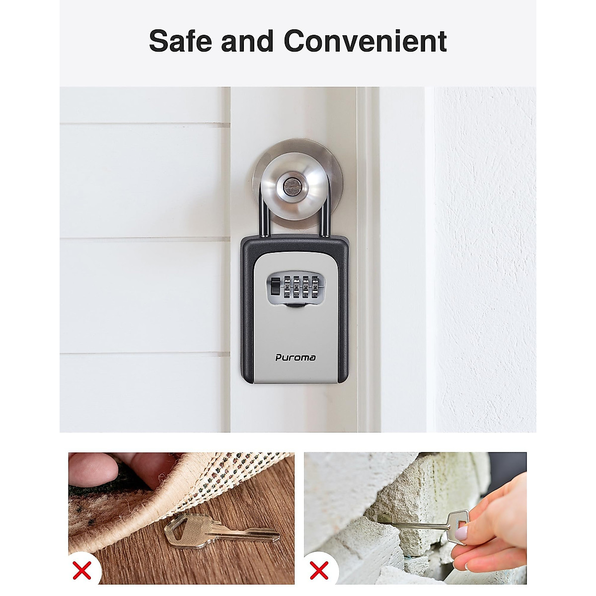 Puroma Key Lock Box Waterproof Combination Lockbox Portable Resettable Wall Mounted & Hanging Key Safe Lock Box for House Keys, Realtors, Garage Spare, Gray (1 Pack)