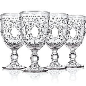 Lyellfe Set of 4 Clear Glass Goblet, 12 Oz Retro Vintage Stemware Wine Glasses, Crystal Embossed Romantic Footed Glasseware for Iced Beverage, Wine, Cocktail, Party, Dishwasher Safe