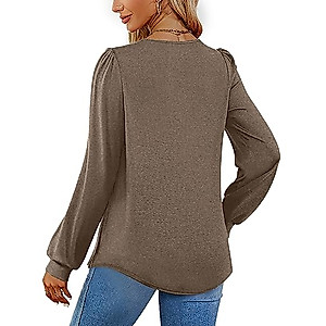 Funlingo Long Sleeve Shirts for Women Trendy Casual Tops Solid Color Elegant Business Blouses Coffee L