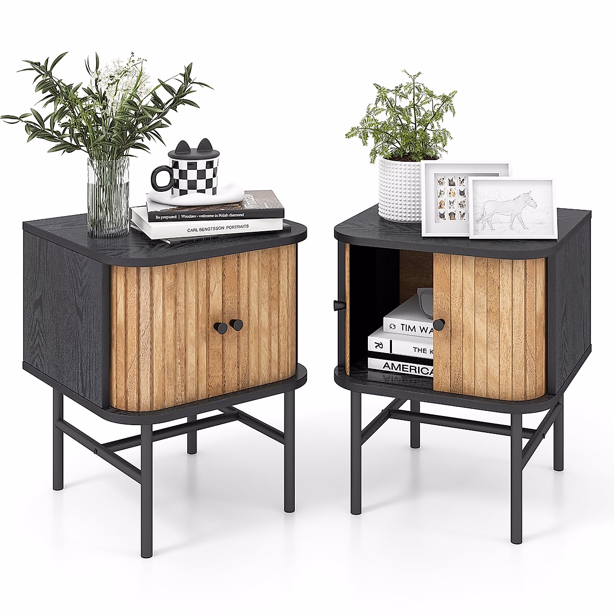 Giantex Mid-Century Modern Nightstand Set of 2, Wood Bedside Tables with Sliding Doors and 4 Metal Legs, Side Tables with Storage Cabinet, Compact Night Stands for Bedroom Small Space, Black