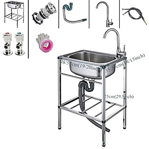 Commercial Kitchen Sink, Outdoor Garden Sink with Faucet and Storage Shelf, Free Standing Stainless Steel Washing Hand Basin for Restaurant, Bar, Camping (Size : 52x38cm(20x15inch))