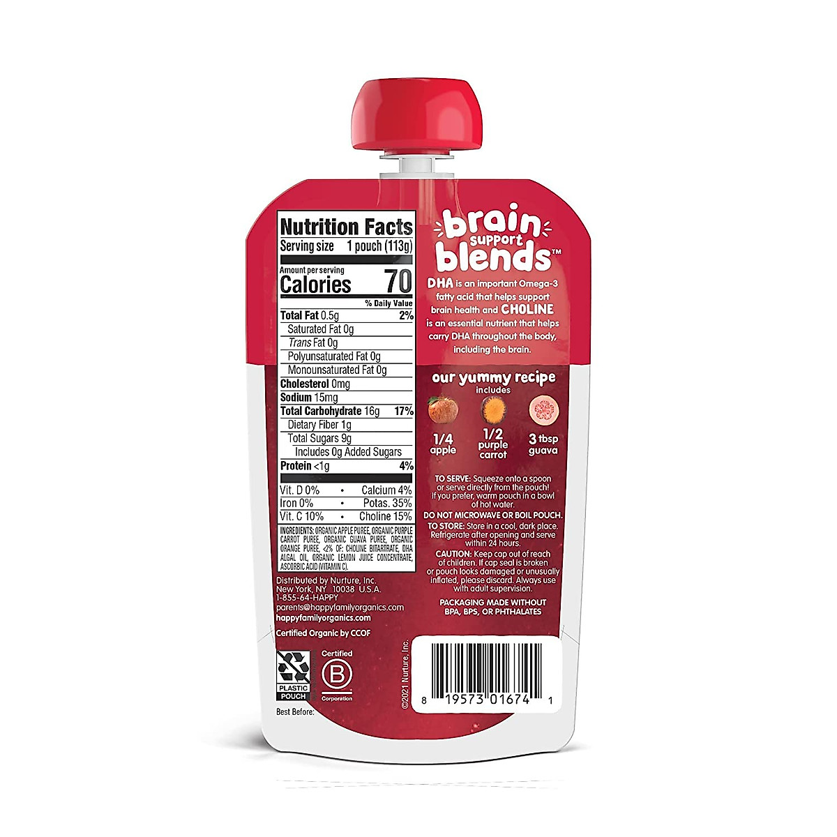 Happy Baby Organics Brain Support Blends Apples, Purple Carrots & Guava with DHA and Choline 4oz Pouch (Pack of 16)