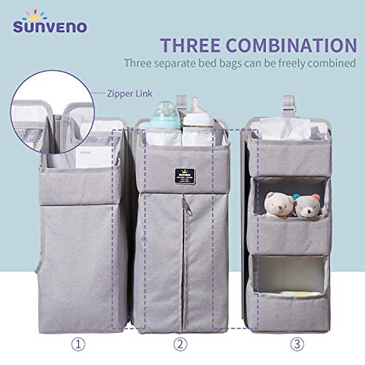 SUNVENO 3-in-1 Detachable Changing Table Diaper Organizer, Crib Hanging Diaper Organizer for Baby Essentials Storage, Grey