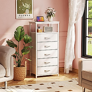 Huuger 5 Drawers Dresser with Charging Station, Dresser for Bedroom, Tall Night Stand, Chest of Drawers with PU Leather Finish, Open Shelf, Bedside Table Nightstand, for Entryway, White