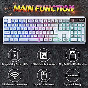 Wireless Gaming Keyboard and Mouse Combo, 104 Keys Standard US Layout RGB Backlit Rechargeable Mechanical Feel Waterproof Mute Mouse for Gamers(White)