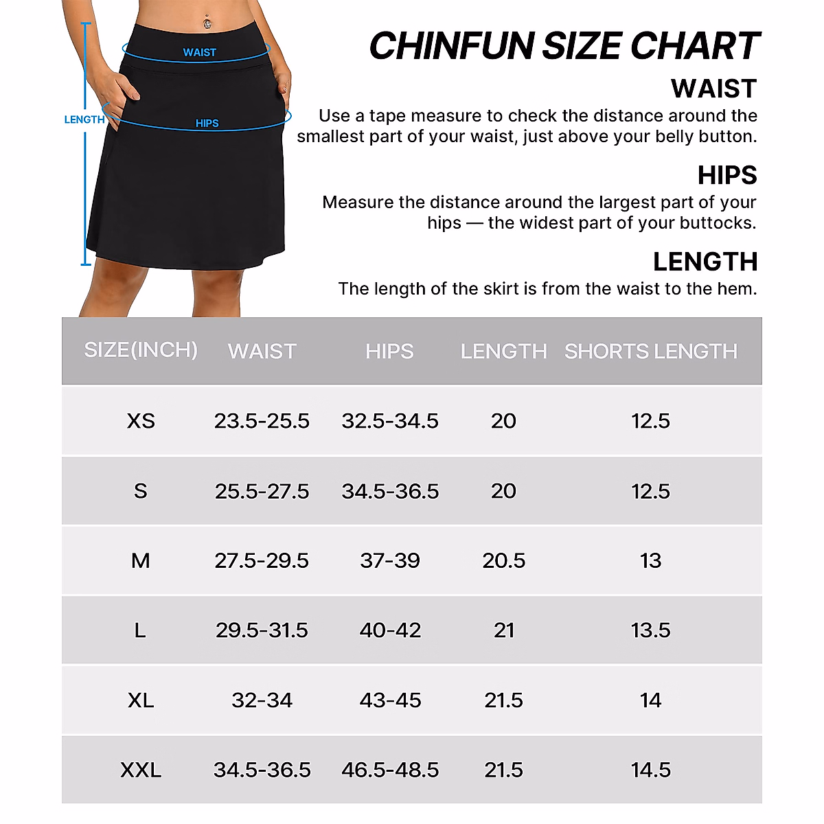 ChinFun 20" Knee Length Skorts Skirts for Women Tennis Athletic Running Golf Skirt with Pockets Black XL