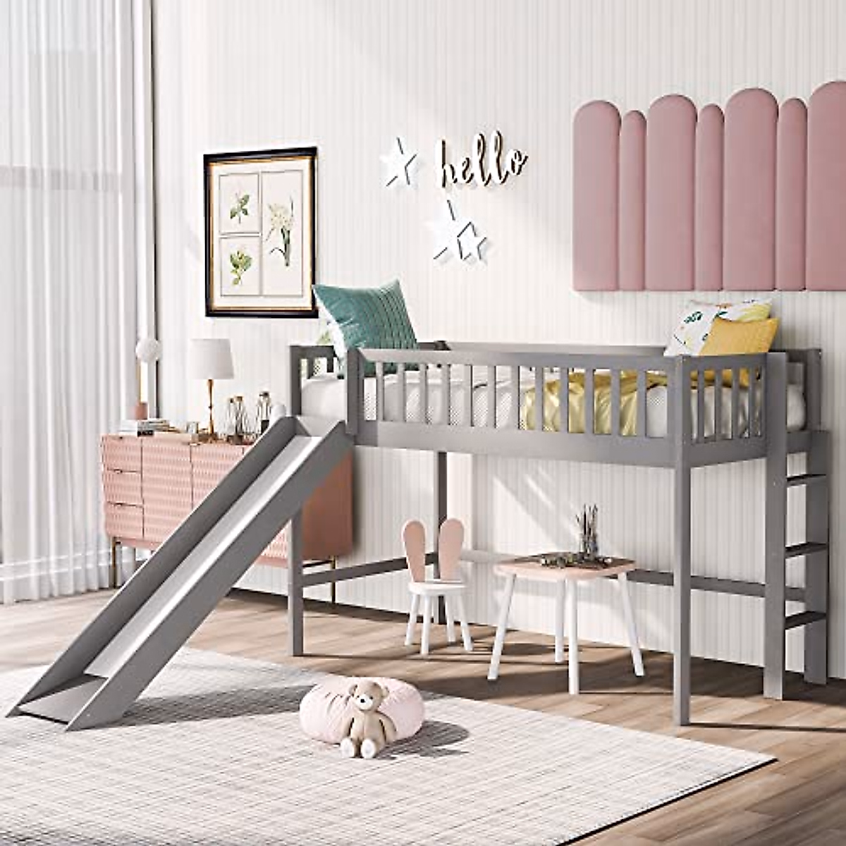 KoiHome Twin Size Low Loft Bed with Ladder and Slide, Wood Bed with Full-Length Guardrail & Built-in Solid Slat Support for Kids Girl Boy Teens Bedroom, Space-Saving Design, No Box Spring Needed, Gray