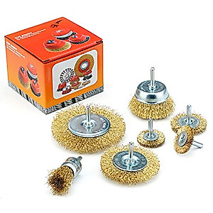 TILAX Wire Brush Wheel Cup Brush Set 7 Piece, Wire Brush for Drill 1/4 Inch Arbor 0.0118 Inch Coarse Brass Coated Crimped Wire Wheel for Used to Clean Rust, Flakes and Abrasives Drill Attachment