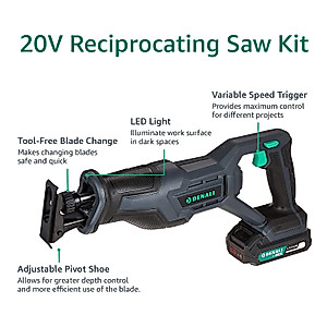 Amazon Brand - Denali by SKIL 20V Cordless Drill, Reciprocating & Circular Saw, Work Light With (2) 2.0Ah Lithium Batteries, 2.4A Charger & Carry Bag