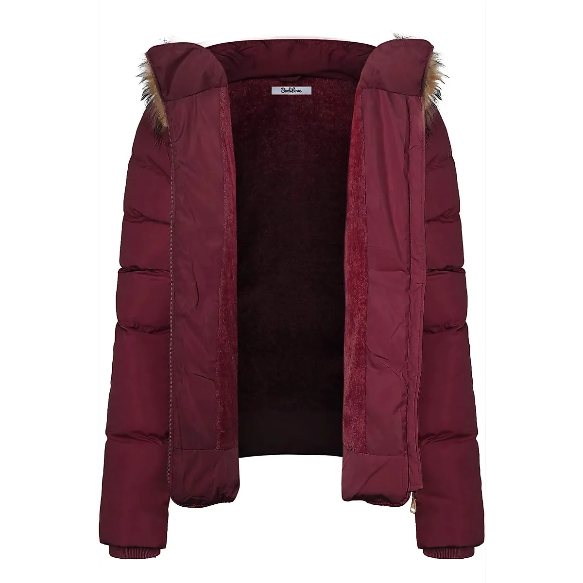 BodiLove Thickened Winter Puffer Jacket with Removable Faux Fur Hood Fleece Lining Burgundy