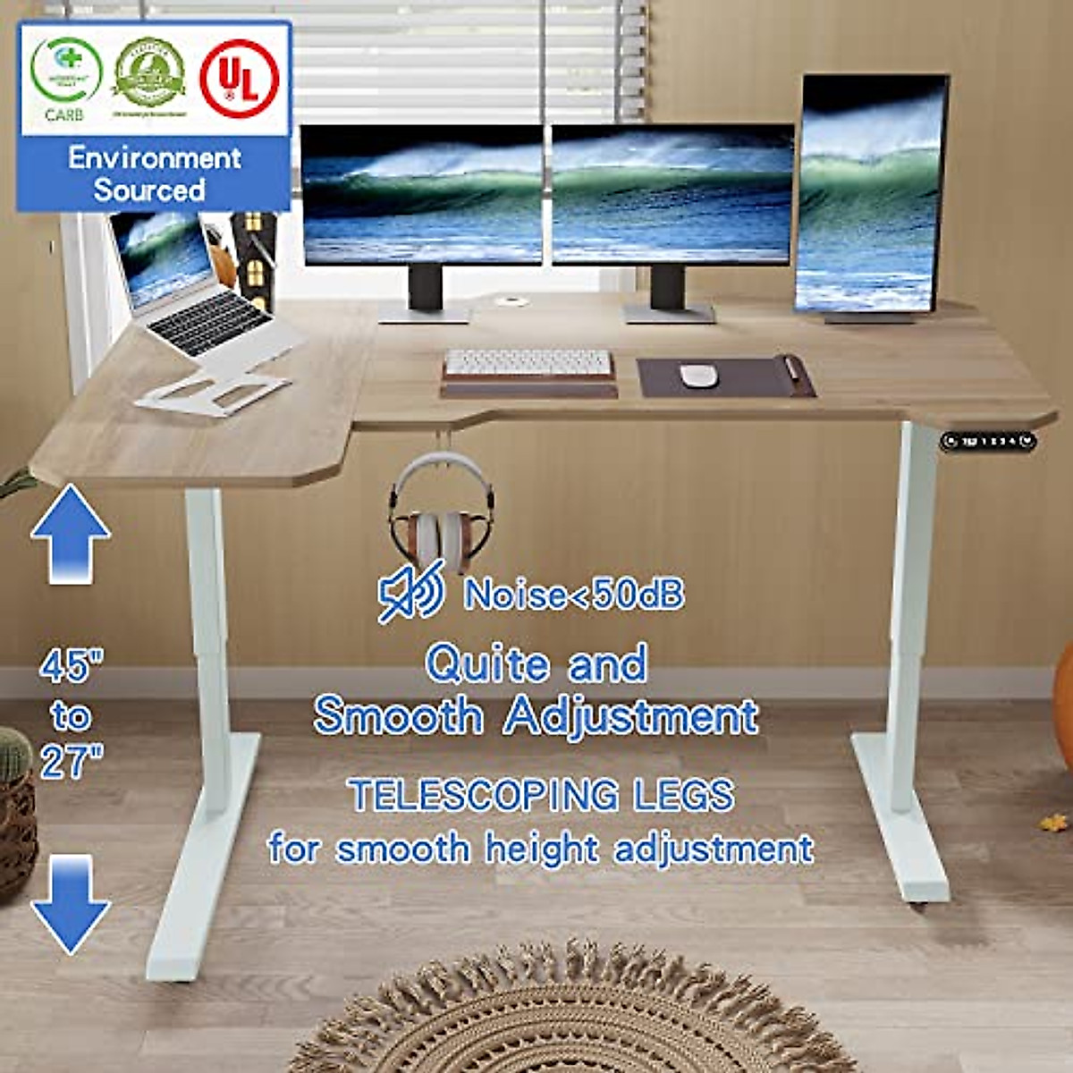 BUNOEM L-Shaped 59" Height Adjustable Electric Standing Desk,Height Stand Up Computer Desk,Sit and Stand Home Office Desk with Splice Board (Oak Top, White Frame)