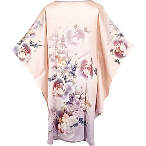 Kwedhonjh lady 100% silk pajamas, bat sleeve bathrobe - floral pattern (Anonymous flower light pink-1)