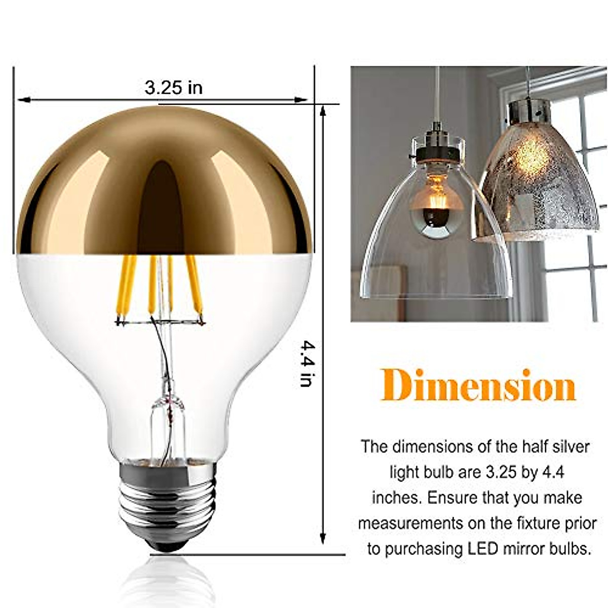 KarlunKoy Half Chrome Light Bulb 6W (60W Equivalent) Dimmable LED Edison Bulb G80/G25 Globe Shape Decorative LED Bulb Half Gold Reflected Light 2700K Soft White E26 Base Pack of 2