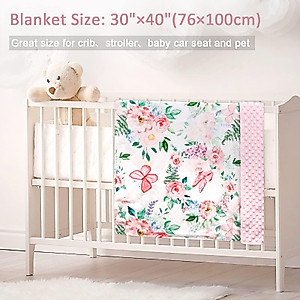 Baby Blankets for Girls Super Soft Minky Toddler Blanket 30x40 Inches, Double Layer, Dotted Backing, Floral Baby Crib Blanket for Nursery, Baby Car Seat, Pet, Pink Flower