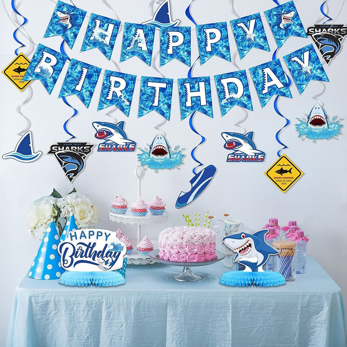28 Pieces Shark Party Supplies Set Includes 12 Pieces Hanging Swirls Shark Happy Birthday Banner 12 Pieces Hanging Cutouts 3 Pieces Birthday Honeycomb Centerpiece for Birthday Party Decorations