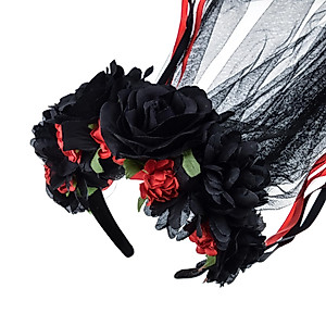 Delicate Dew Day of The Dead Flower Headband dia de los muertos costume Halloween Headpiece (Black Veil)