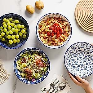 Selamica Ceramic 50 Ounce Pasta Bowls Set of 4, 8.6 Inch Large Salad Bowls, Wide and Shallow Porcelain Soup Bowls, Stackable Serving Bowls, Microwave Dishwasher Safe, Christmas Gift, Vintage Blue