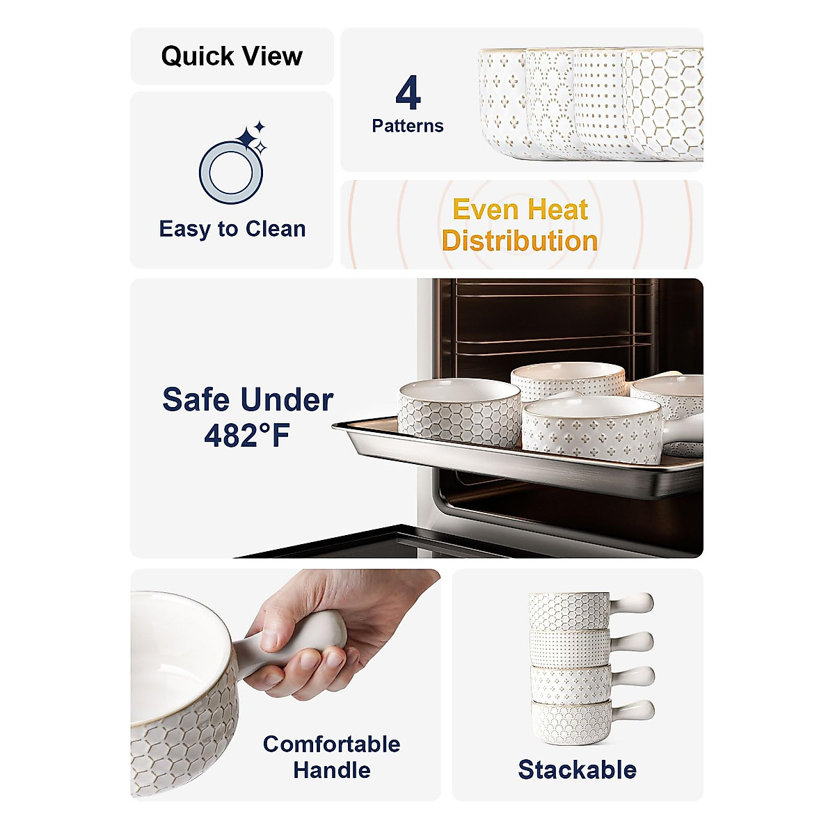 LE TAUCI French Onion Soup Bowls, 18 Ounce Soup Bowls With Handles for Chili, Beef Stew, French Onion Soup Crocks Oven Safe - 5 inch, Set of 4, Arctic White