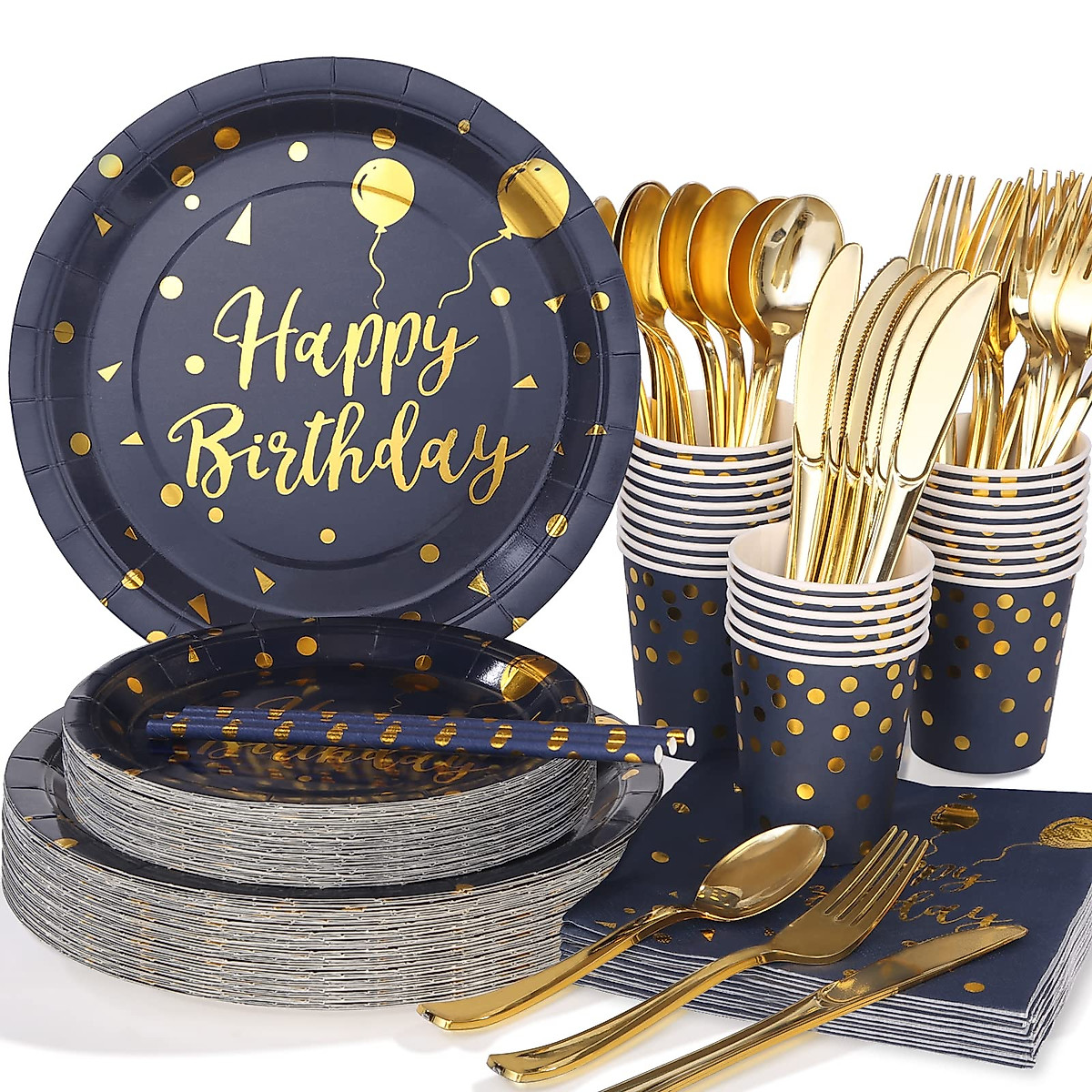 400 Pcs Blue and Gold Birthday Party Supplies Navy Blue Plates and Napkins Set for 50 Guests Gold Dot Paper Plates Napkins Cups Cutlery Set for Boy Birthday Party Decorations
