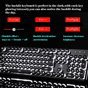 Gaming Keyboard and Mouse,Soke-Six 2.4G Wireless Retro Punk Typewriter-Style Backlit Keyboard Mice Combo,4800mAh Battery,Mechanical Feel,Anti-ghosting,Crystal Panel Round Keycaps (Black+White Light)