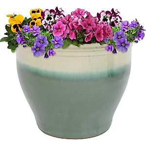 Sunnydaze Large Ceramic Planter - Indoor or Outdoor Plant Pot with Drainage Holes - Seafoam Glaze Finish - 18" - Studio