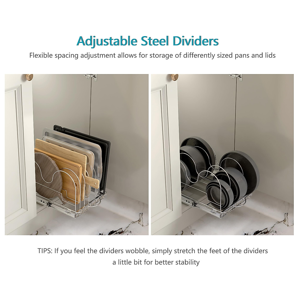 TQVAI Pots and Pans Organizer, Expandable Pot Lid Holder, Kitchen Under Cabinet Organizer for Cutting Board/Cookware/Baking Sheets - Cabinet Request at Least 12.5" W x 18.25" D x 13.5" H