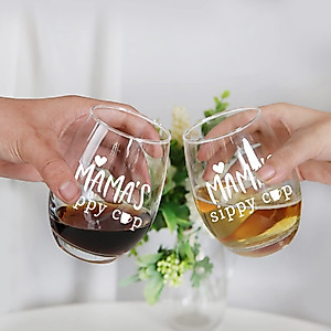 Mama's Sippy Cup, Funny Stemless Wine Glass, 15oz Wine Glass Mothers Day Christmas Birthday Gifts for Mom, Wife, Mom To Be, New Mom, Pregnant Mom from Daughter, Son