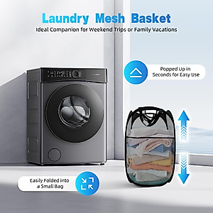 Foldable Laundry Mesh Basket Pop Up Hamper Collapsible Pop Up Laundry Basket Cylinder Mesh Laundry Hamper w/Wide Opening and Side Pocket, 22.05lbs Capacity
