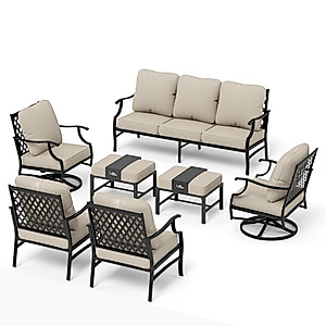 MIXPATIO Patio Furniture Set 7 pcs, Outdoor Patio Furniture, 3-Seat Sofa, 2 Single Chairs, 2 Swivel Chairs, 2 Ottomans and 5.75" Extra Thick Cushion, Patio Conversation Set for Backyard Deck,Beige