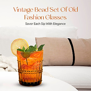 Vintage Old Fashion Whiskey Glasses, 10 Oz, Romantic Water Tumblers, Barware Glasses for Scotch, Bourbon, or Cocktails, Embossed Amber Beaded Glasses-Set of 4