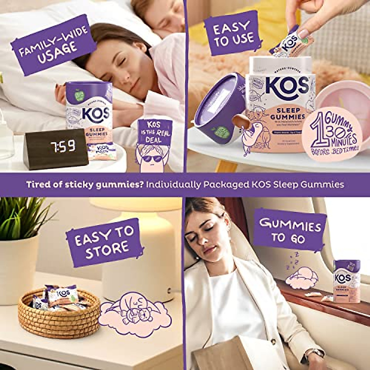 KOS Sleep Gummies - Sugar & Gelatin Free Sleep Aid Gummies for Adults - 50mg L-theanine & 6mg Melatonin Gummies - Individually Wrapped, Plant-Based Formula for a Restful Sleep - 30 Day Supply